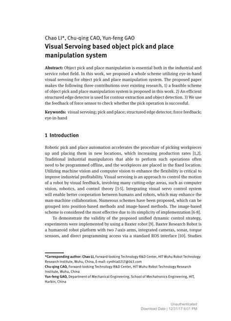 Pdf Visual Servoing Based Object Pick And Place Manipulation System Selected Papers From Csma2016