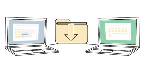 파일 전송 화면에 폴더가 있는 두 대의 노트북과 전송된 문서의 연속 선 그리기 파일 복사 데이터 교환 백업 Pc 마이그레이션