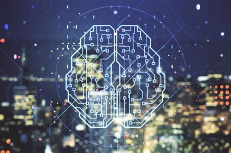 가상의 창조적인 인공 지능 홀로그램은 흐릿한 고층 빌딩 배경에 인간의 두뇌 스케치를 한다 이중 노출 0명에 대한 스톡 사진 및 기타 이미지 Istock