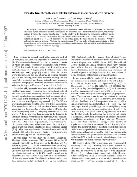 Pdf Excitable Greenberg Hastings Cellular Automaton Model On Scale Free Networks