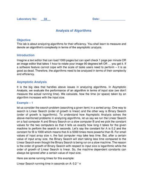 AV Lab Analysisof Algorithms Laboratory No Date Analysis Of