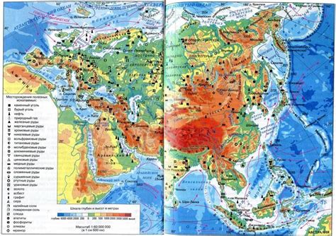 установите по карте месторождения каких полезных ископаемых размещаются на равнинах и складчатых