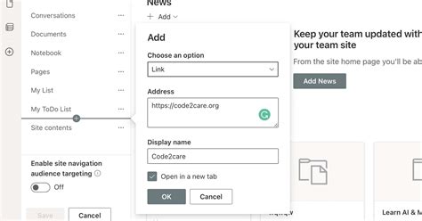 Add Custom External Link To Sharepoint Site Navigation Code2care