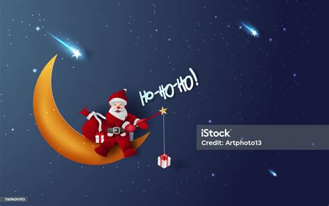 메리 크리스마스와 산타 클로스 낚싯대 의 새해 복 많이 받으세요 선물 상자를 개최합니다 신비한 밤 하늘 판타지 배경 반달과 별