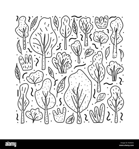 Set Of Trees And Bushes Square Card With Sketch Elements Vector Illustration Of Doodle Style