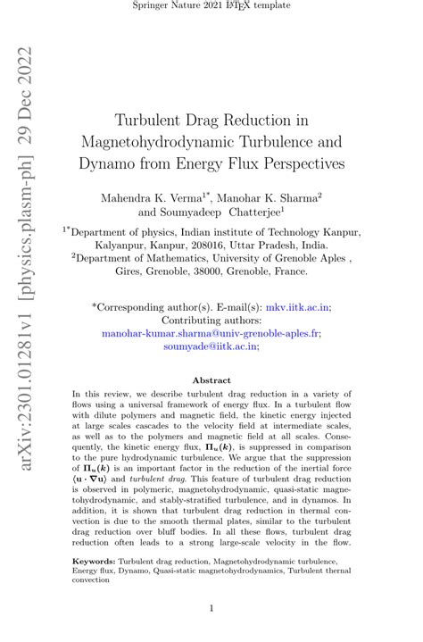 Pdf Turbulent Drag Reduction In Magnetohydrodynamic Turbulence And Dynamo From Energy Flux