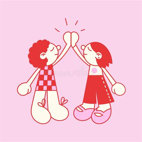 Cartoon Girls Give High Five Vector Illustration Red And Pink Stock Vector Illustration Of