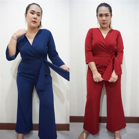 Jumpsuit สาวอวบอ้วน แบบนี้มี2สี กรม แดงเลือดนก พร้อมส่ง 💙เเขนสามส่วนผ่าปลายแขนไม่อึดอัด