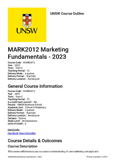 Marketing Fundamentals Course Outline Unsw Course Outline Mark2012