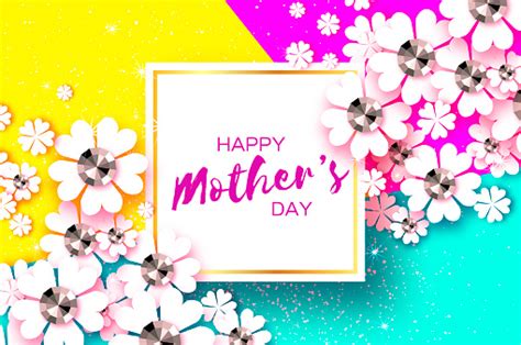 행복 한 어머니의 날입니다 화려한 돌 흰색 꽃 인사말 카드입니다 종이 잘라 꽃과 여성의 날 꽃 휴가입니다 화려한 배경에 아름