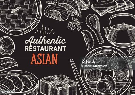 아시아 일러스트초밥 딤섬 국수 교자 중 식 레스토랑 벡터 손으로 그린 일본 카페와 바 포스터 레터링과 낙서 빈티지 그래픽 디자인 만두에 대한 스톡 벡터 아트 및 기타 이미지