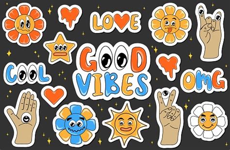 멋진 트렌디 한 레트로 스티커 컬렉션 재미있는 만화 캐릭터 아트 및 따옴표 기호 번들 1990 1999 년에 대한 스톡 벡터 아트 및 기타 이미지 1990 1999 년