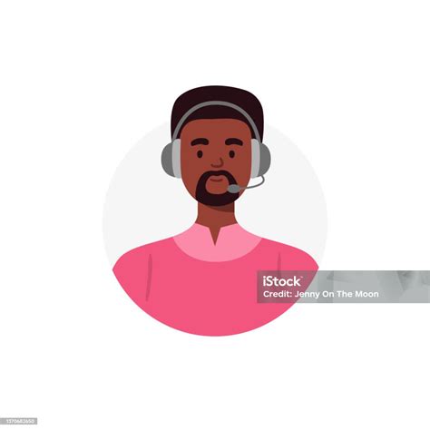 콜 센터에서 아프리카 계 미국인 남자의 아바타 실시간 채팅 운영자 핫라인 운영자 헤드폰 보조 온라인 글로벌 기술 지원 24 7 벡터 플랫 일러스트레이션 사람들에 대한 스톡