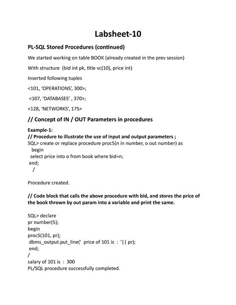 Dbs Labsheet 10 Plsql Stored Procedures And Functions Labsheet Pl