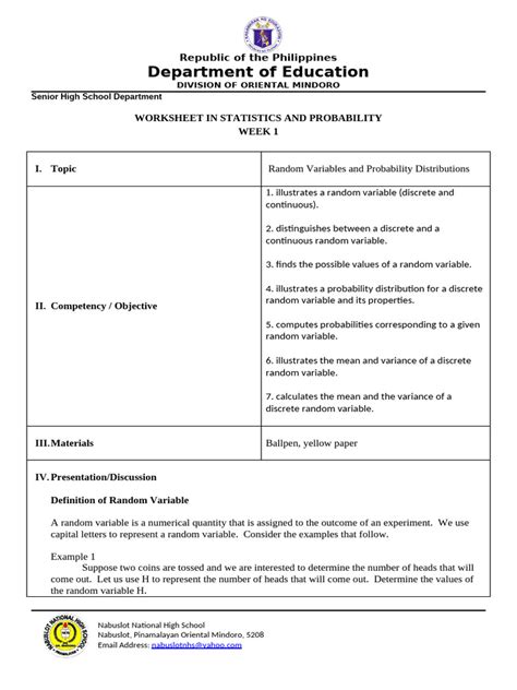 01random Variable And Probability Distribution Pdf Probability