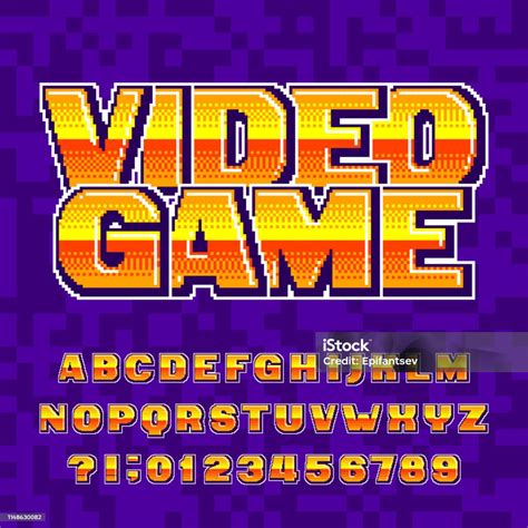비디오 게임 알파벳 글꼴입니다 디지털 픽셀 그라데이션 문자와 숫자입니다 컴퓨터 글자에 대한 스톡 벡터 아트 및 기타 이미지