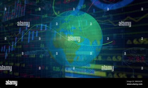 Floating Globe Rotating Within Trading Dashboard With Fingerprint Swirl Projection And Market