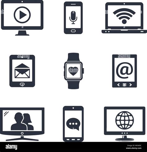 Digital Devices Icons With Contact And Communication Signs On Screen Vector Illustration Stock