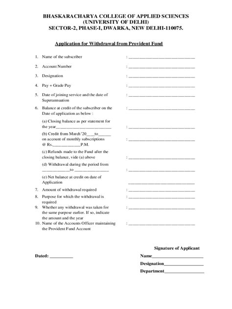 Fillable Online Application For Withdrawal From Provident Fund Fax