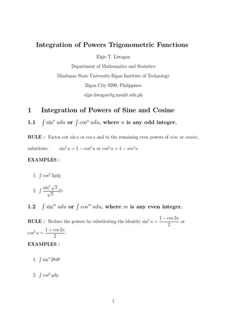 Integration Techniques Pdf Trigonometric Functions Mathematical