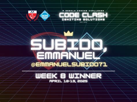 mapúa 🎉 congratulations to 𝙎𝙪𝙗𝙞𝙙𝙤 𝙀𝙢𝙢𝙖𝙣𝙪𝙚𝙡 the 𝘄𝗶𝗻𝗻𝗲𝗿 𝗼𝗳 𝗪𝗲𝗲𝗸 𝟴 in 𝗖𝗼𝗱𝗲 𝗖𝗹𝗮𝘀𝗵 𝗜𝗴𝗻𝗶𝘁𝗶𝗻𝗴