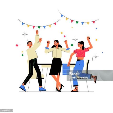 팀에서 축하하는 동료 그룹 팀워크 축하 그리고 사무실 파티를 상징하는 평면 벡터 일러스트 레이 션 흰색 배경에 고립 된 기업 문화에 대한 스톡 벡터 아트 및 기타 이미지