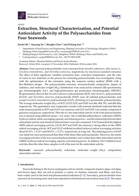 Pdf Extraction Structural Characterization And Potential Antioxidant Activity Of The