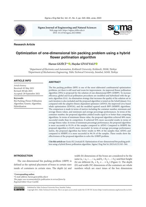 PDF Optimization Of One Dimensional Bin Packing Problem Using A Hybrid Flower Pollination
