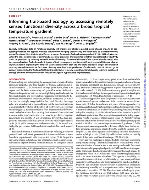 Pdf Informing Trait Based Ecology By Assessing Remotely Sensed Functional Diversity Across A