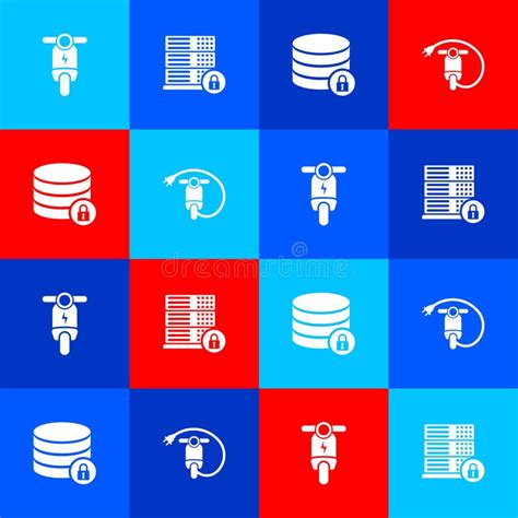 Set Electric Scooter Server Security With Lock And Icon Vector Stock Vector Illustration Of