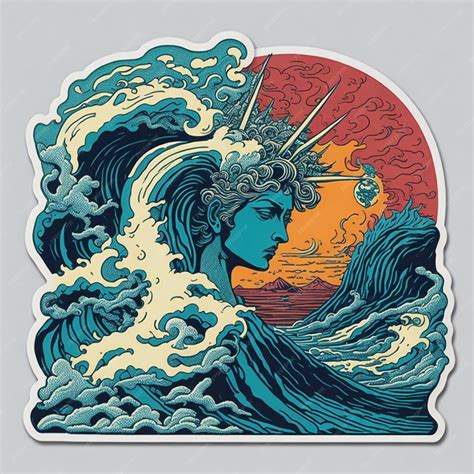 Pegatina Obra De Hokusai Ukiyoe Estilo Estatua De La Libertad 1900 Abstracto Psicodélico Foto