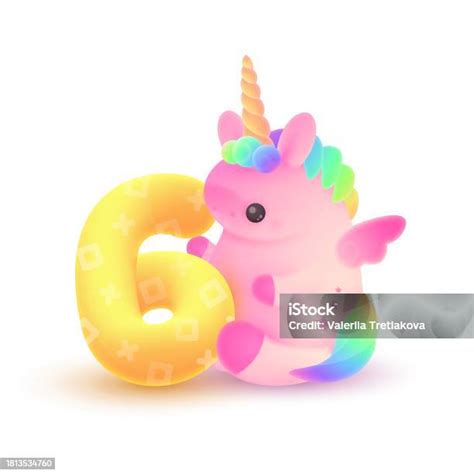 뿔 무지개 머리 노란색 숫자 6을 가진 귀여운 통통한 분홍색 유니콘 휴일 엽서 인사말 카드 배너 장식 디자인 예술 흰색 배경에