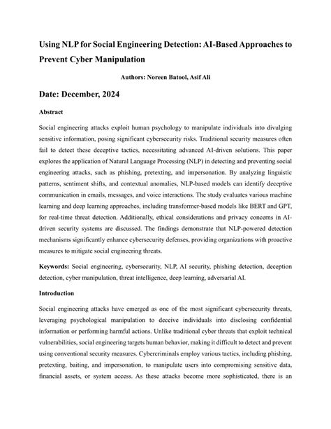 Pdf Using Nlp For Social Engineering Detection Ai Based Approaches To Prevent Cyber Manipulation