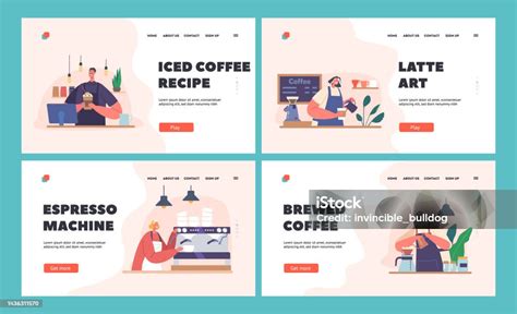 바리스타 만들기 커피 랜딩 페이지 템플릿 세트 친절한 남성과 여성 캐릭터가 카페에서 앞치마 작업을 착용합니다 가정 주방에 대한 스톡 벡터 아트 및 기타 이미지 Istock