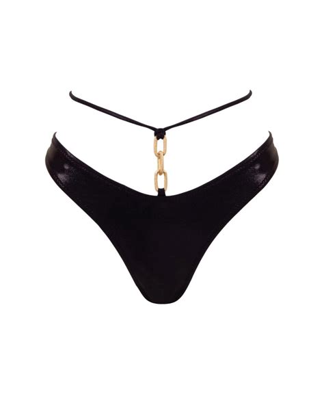 Black Brazilian Low Rise Bikini Bottom With Chain And Waist Strap L