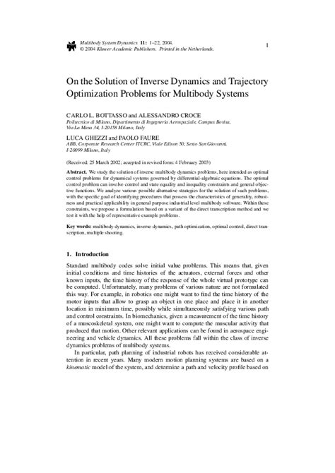 Pdf On The Solution Of Inverse Dynamics And Trajectory Optimization