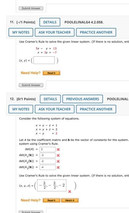 Solved 1 Points POOLELINALG4 4 2 058 Use Cramer S Rule Chegg Com