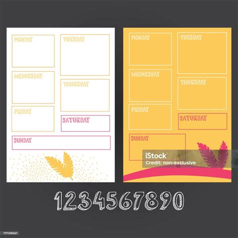 주간 플래너 빈 템플릿 일요일 월요일 화요일 수요일 목요일 금요일 일기 총알 일지 노트북에 대한 토요일 단어 분홍색 노란색 정글