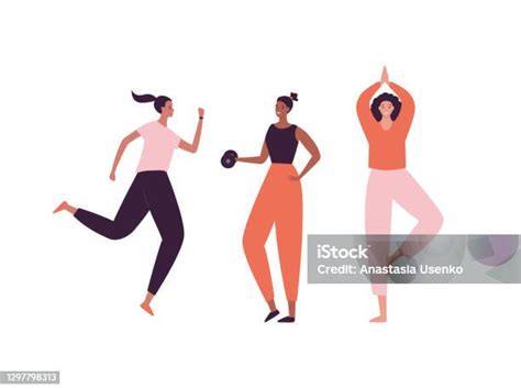 건강한 스포츠 라이프스타일 컨셉 벡터 플랫 일러스트 세트입니다 운동을 하는 다른 민족 여성 캐릭터의 그룹 아령 웨이트 리프트