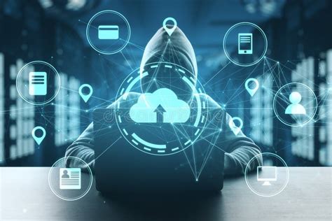 Hacker Using Laptop In Server Room With Cloud Computing Diagram Stock