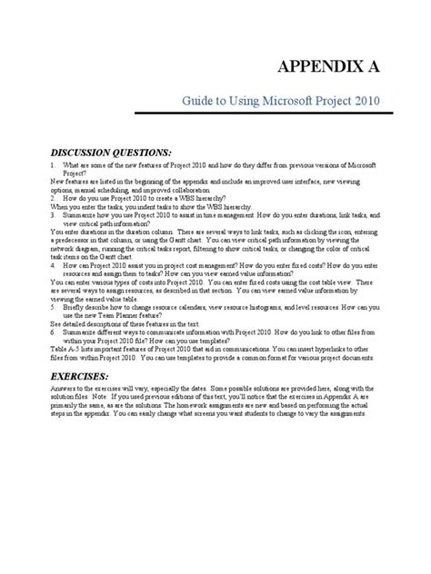 Appendix A Guide To Using Microsoft Project 2010 Pdf Information