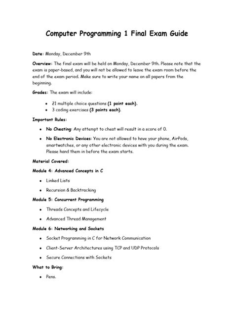 computer programming 1 final exam guide pdf