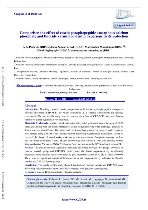 Pdf Comparison The Effect Of Casein Phosphopeptide Amorphous Calcium Phosphate And Fluoride