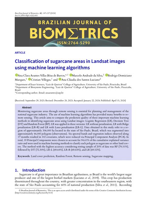 Pdf Classification Of Sugarcane Areas In Landsat Images Using Machine Learning Algorithms