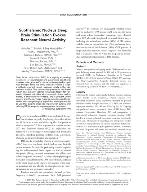 Pdf Subthalamic Nucleus Deep Brain Stimulation Evokes Resonant Neural Activity