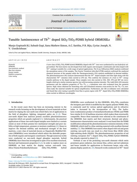 Pdf Tunable Luminescence Of Tb3 Doped Sio2 Tio2 Pdms Hybrid Ormosils