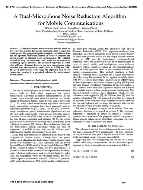 A Dual Microphone Noise Reduction Algorithm For Mobile Communications Pdf Signal To Noise