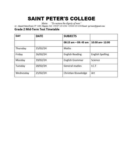 Grade 2 Mid Test Timetable Pdf
