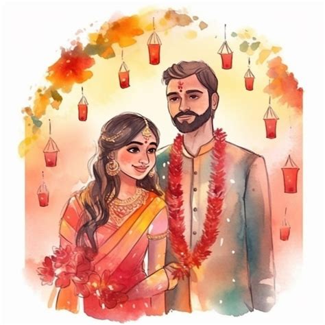 Premium Ai Image A Watercolor Painting Of A Couple In Traditional