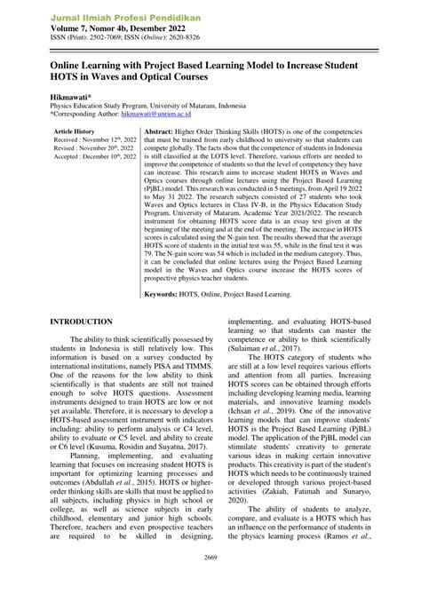 pdf online learning with project based learning model to increase